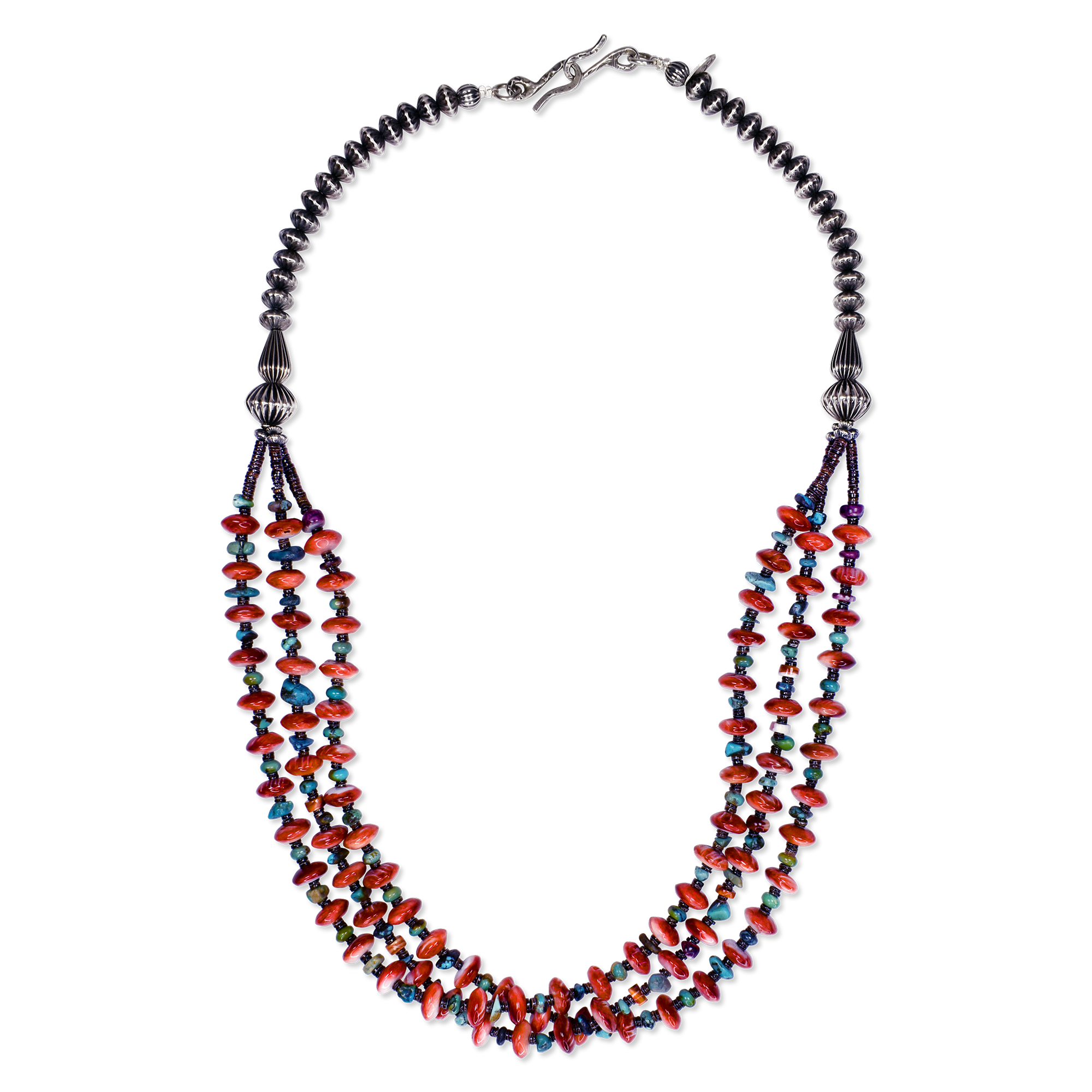 Spiny Oyster, Turquoise & Heishi Bead Necklace with Sterling Pillow ...